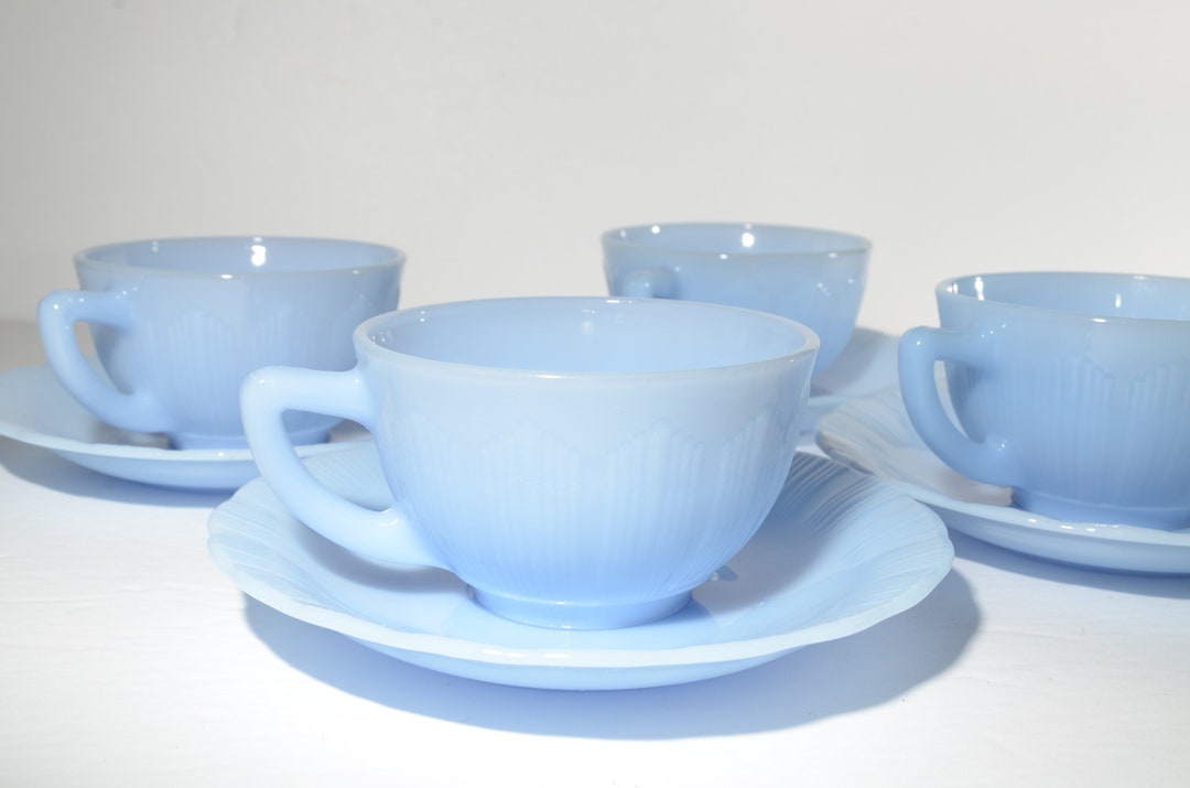 Set of 4 PYREX Delphite Blue Teacup and Saucer 8 Pieces Vintage 1930s ...
