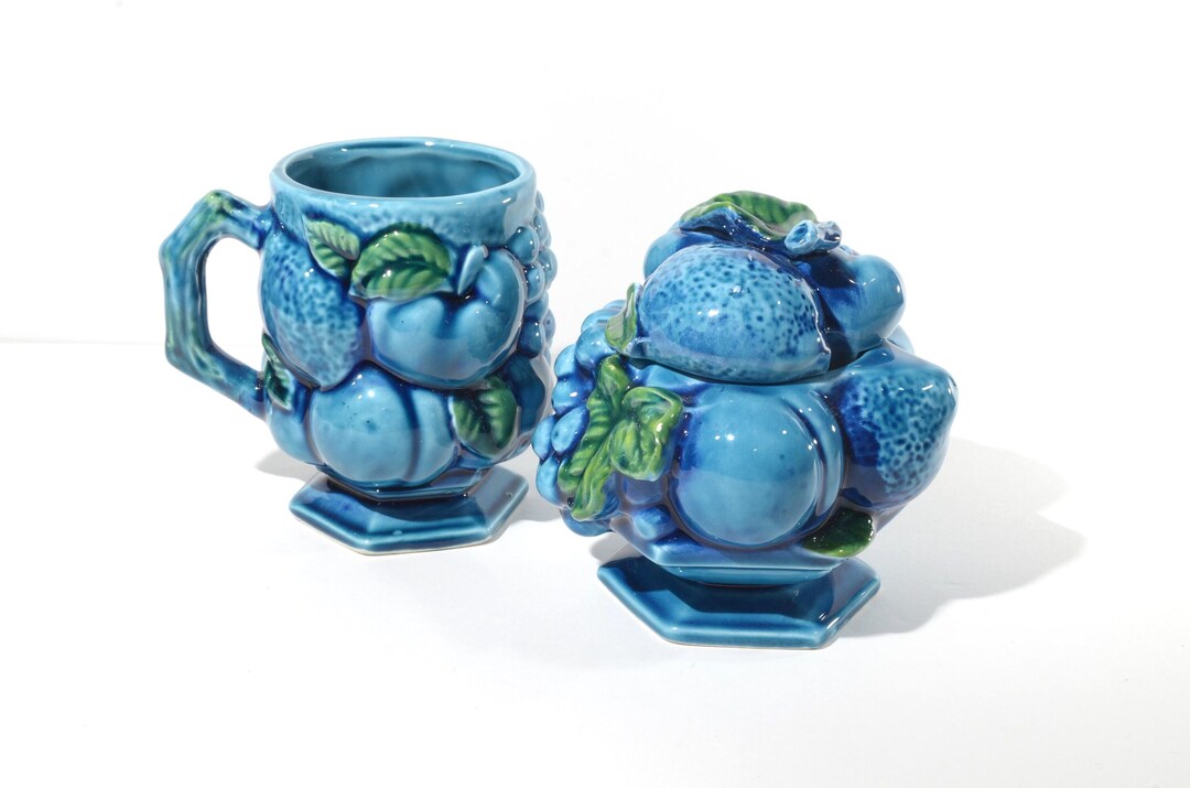 Inarco Japan Mug and Sugar Bowl With Lid Grapes Blue Indigo Vintage ...
