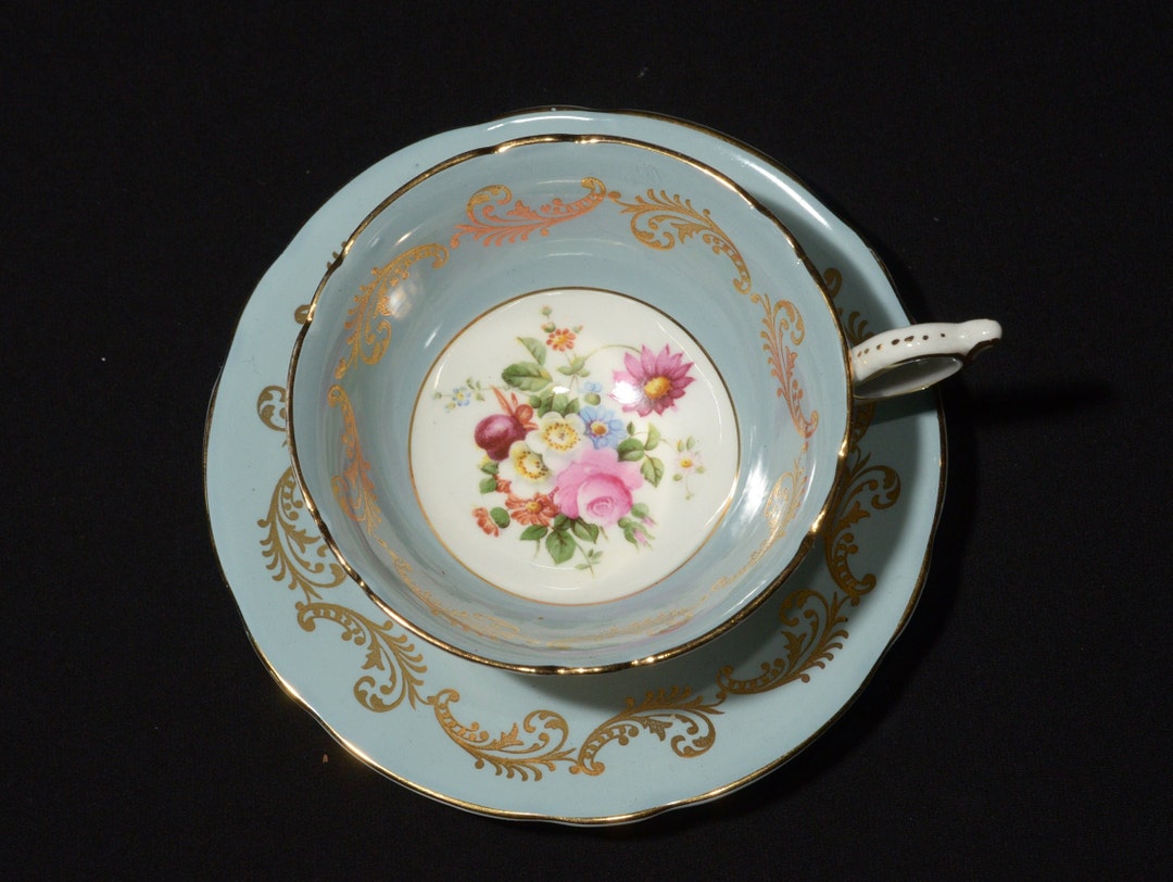 EB FOLEY Blue Teacup and Saucer Bone China England Gold Scroll Flowers ...