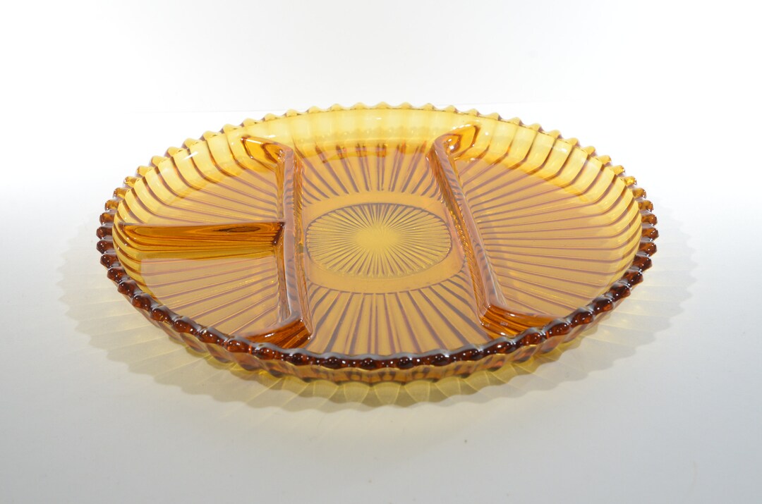 Indiana Ribbed Amber Glass Serving Plate Relish Dish Grill Divided ...