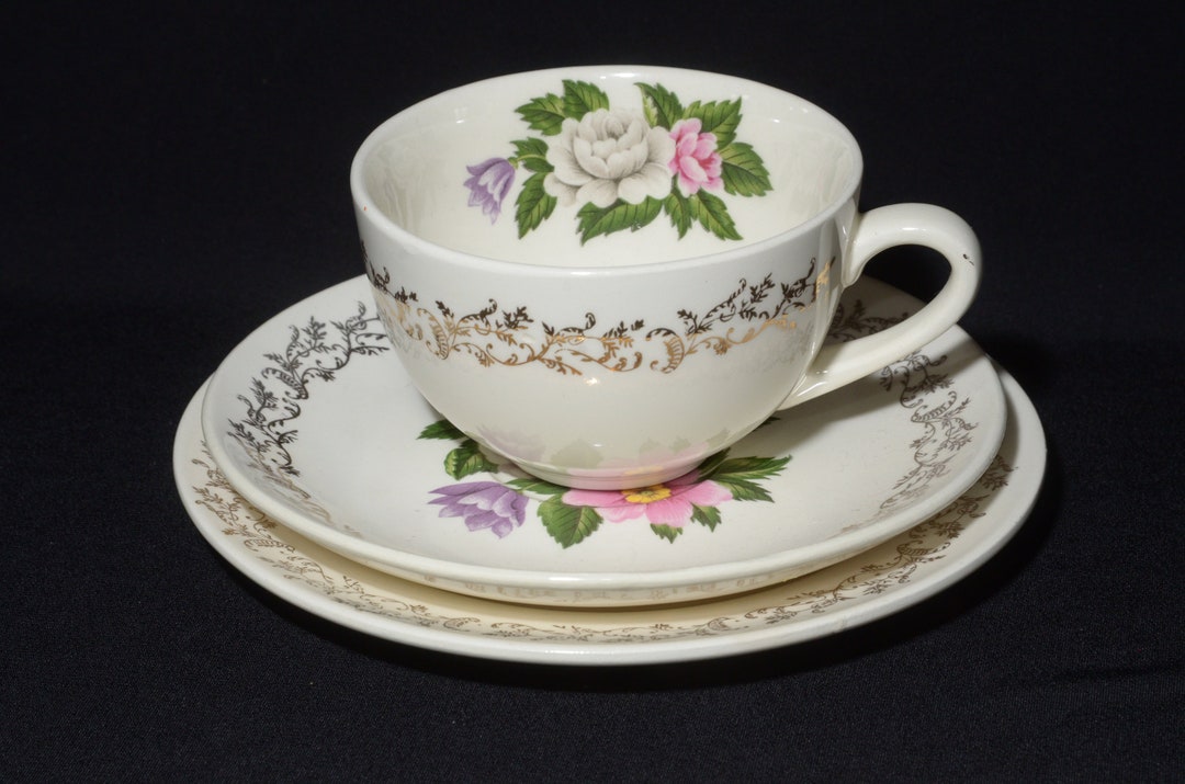 22K Gold British Empire Ware Bouquet Trio Dessert Plate, Teacup and ...