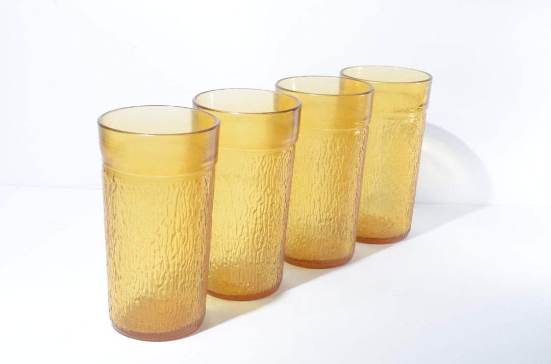 Vintage Amber Set of 4 Tumblers Kerr Highball Drinking Glasses Crinkle ...