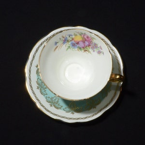 EB FOLEY Turquoise Teacup and Saucer Bone China England Gold Leaf Fruit ...