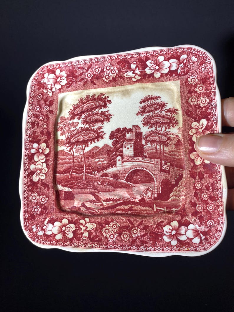 Copeland SPODE'S TOWER Pink Butter Dish Cheese Keeper Floral Square Red ...