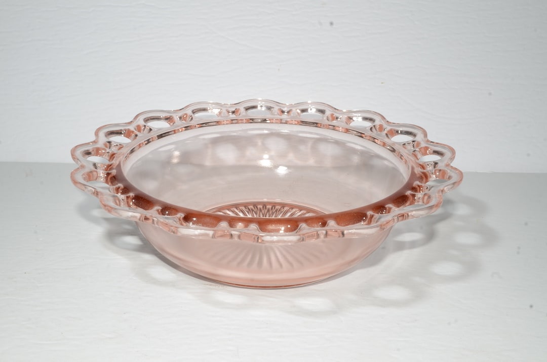 OLD COLONY Pink Depression Glass Bowl Ribbed Lace Edge Open Lace 9.5d ...