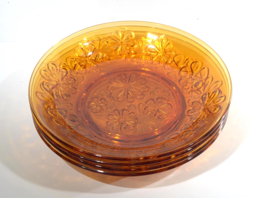 Vintage Vereco Set of 4 Amber Daisy Deep Plate Shallow Bowl 8 Inches ...