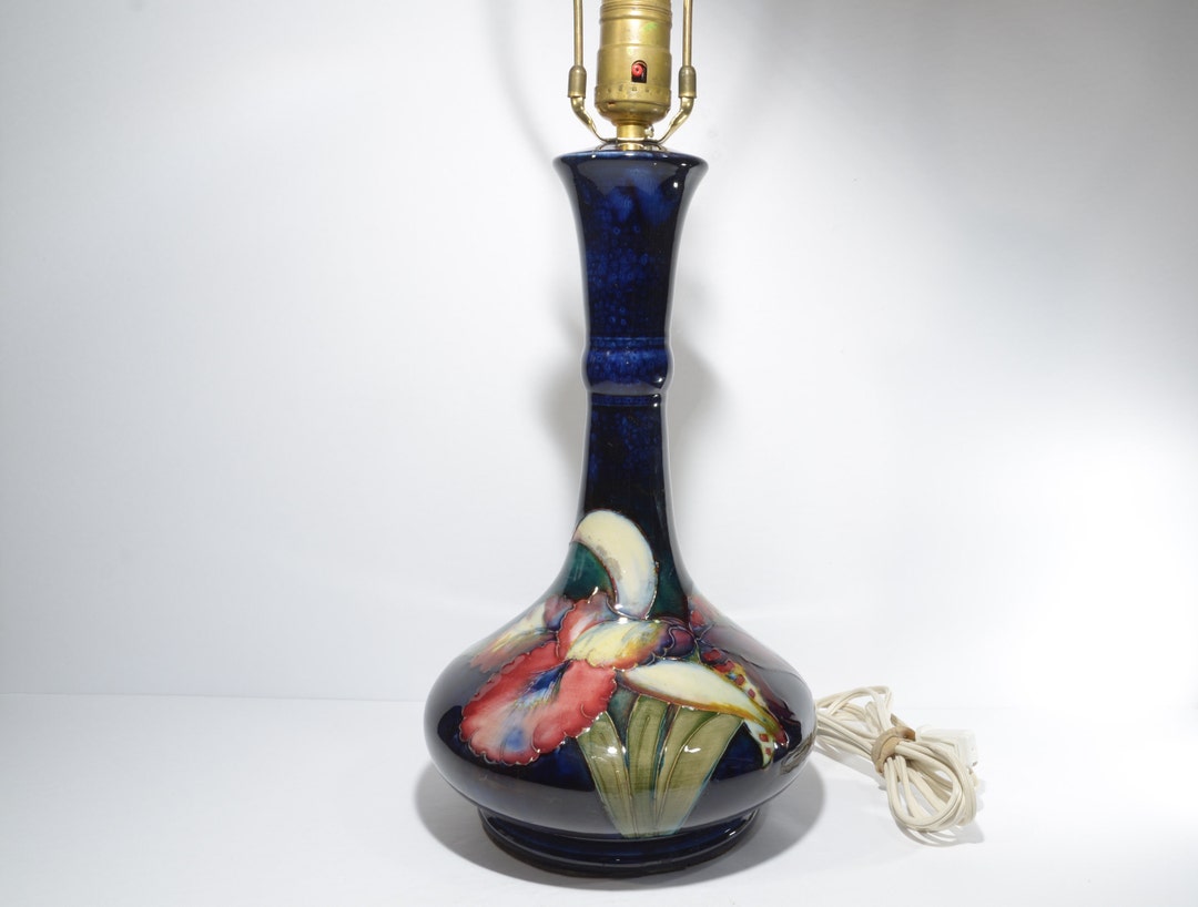Vintage Moorcroft Lamp Orchid Pattern Pottery Dark Blue Made in England ...