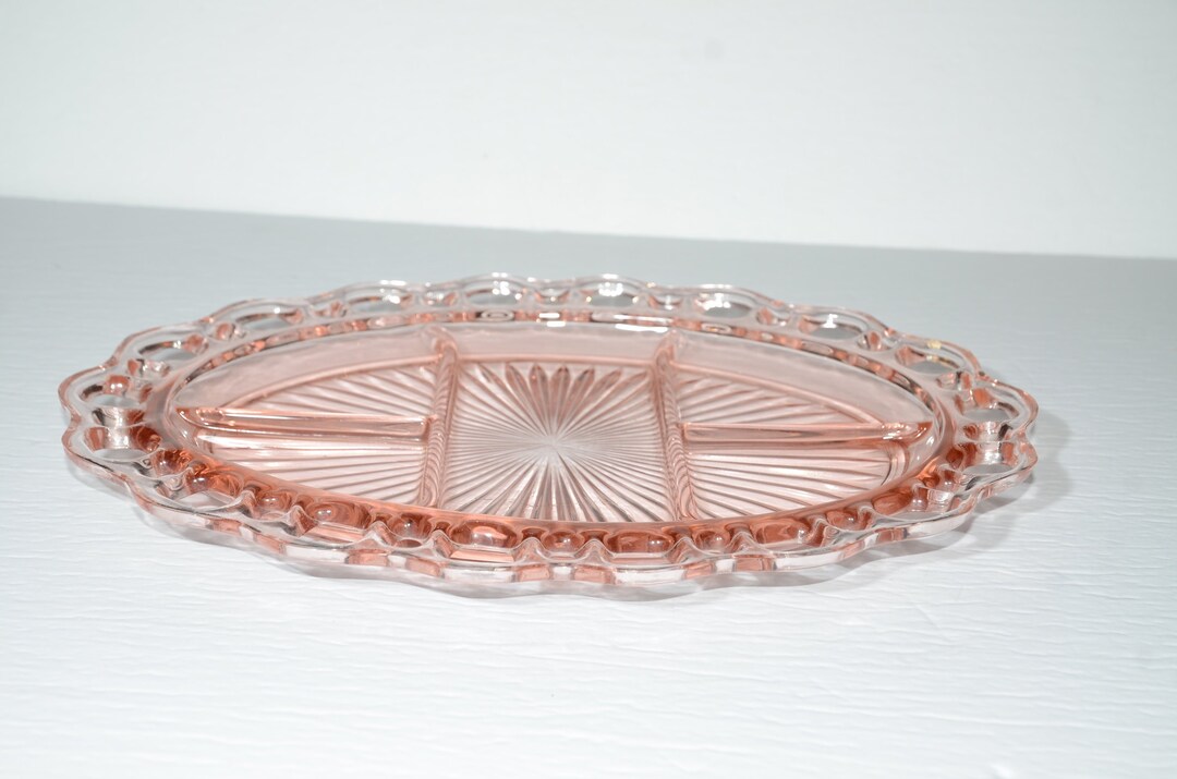 OLD COLONY Pink Depression Glass Platter Serving Plate Oval Divided 5 ...