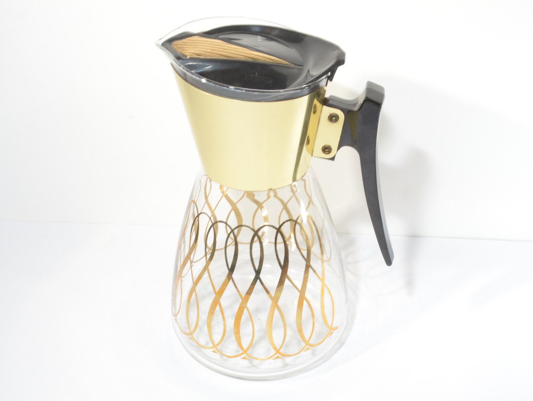COLONY Large Coffee Pot Carafe Gold Scroll Design Mid Century Glassware ...