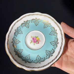EB FOLEY Turquoise Teacup and Saucer Bone China England Gold Leaf Fruit ...