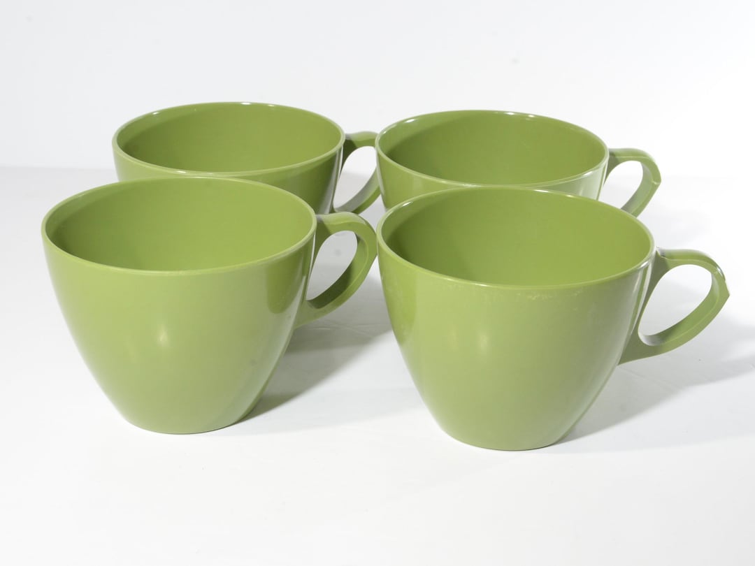 Set of 4 Vintage MELMAC Green Teacup Coffee Cup Dinnerware Hard Plastic ...