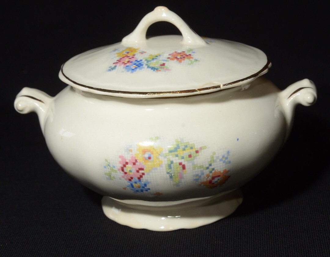 Sovereign Potters Earthenware Sugar Bowl and Lid Cross Stitch Needle ...