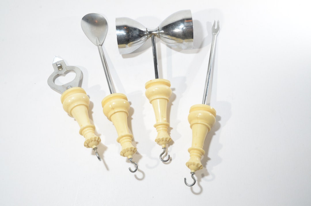Vintage Bar Tool Set Chess Ivory Queen Stirrer Spoon Double Jigger 2 ...