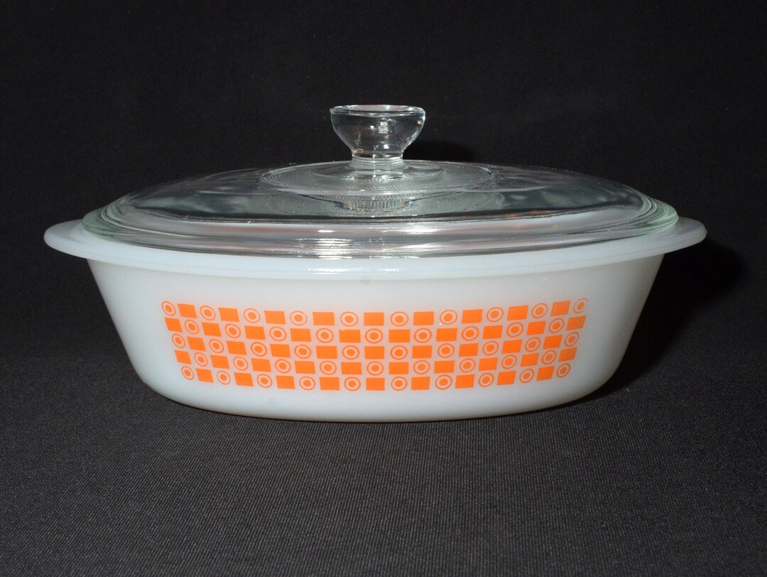 GLASBAKE Baking Dish Casserole Dish Oval 1 Qt Vintage Lid Orange Square ...