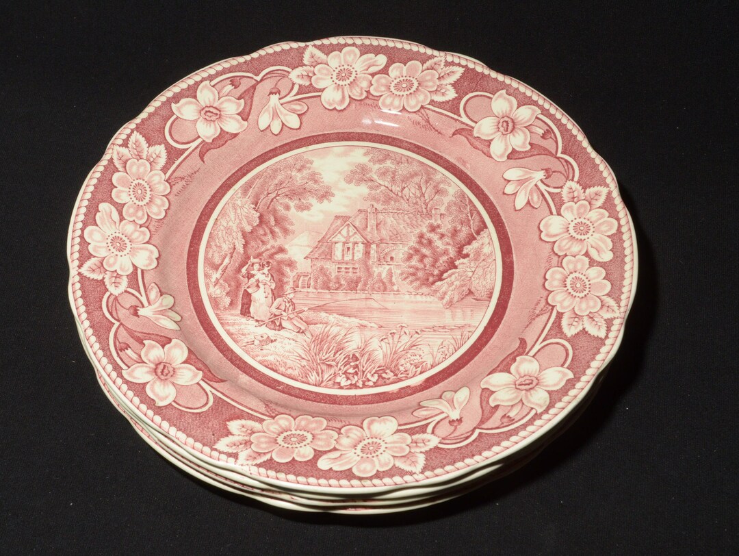 Antique COALPORT Kings Ware Pastoral Cranberry Red Set of 4 Luncheon ...