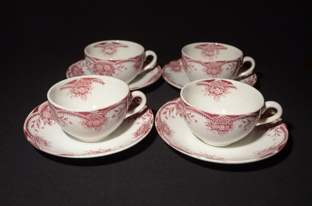 Set of 4 Red Transferware Edward Pattern Teacup and Saucer Set Vintage ...