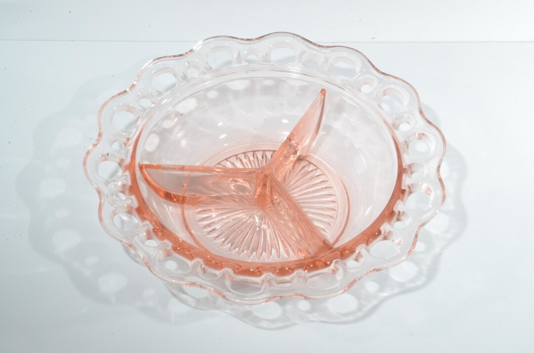OLD COLONY Pink Depression Glass Relish Dish Three Part Deep Bowl 7.5 ...