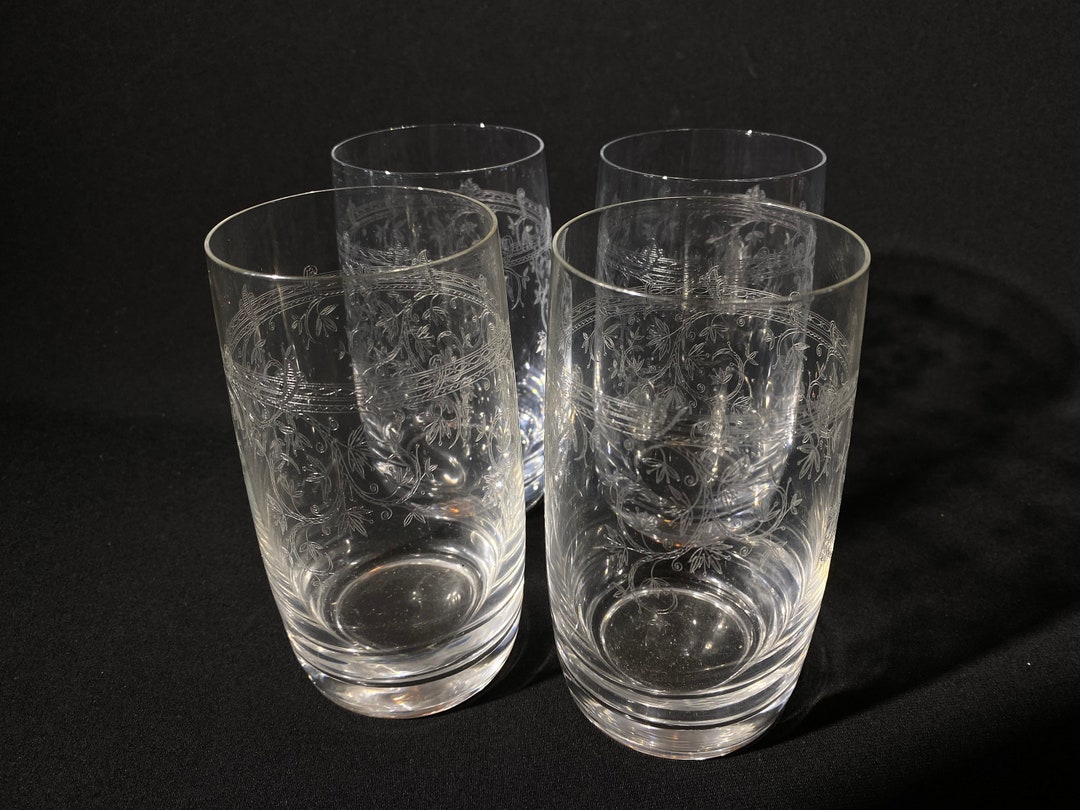 Set of 4 Vintage Etched Highball Glass Tumbler Band and Floral Swag ...