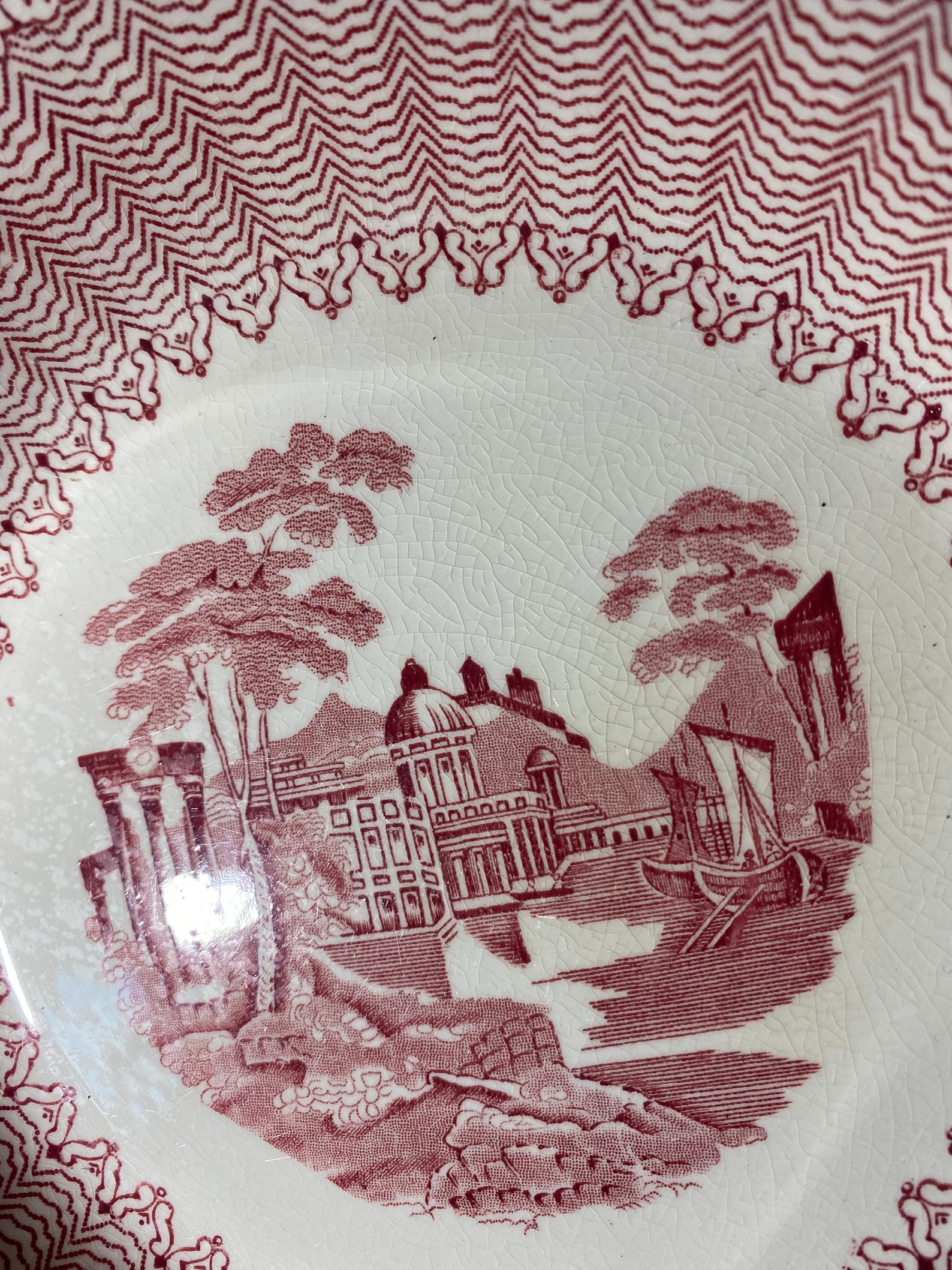 Set of 2 Soho Pottery Red Pink Transferware Coupe Soup Bowl 7 3/4 ...
