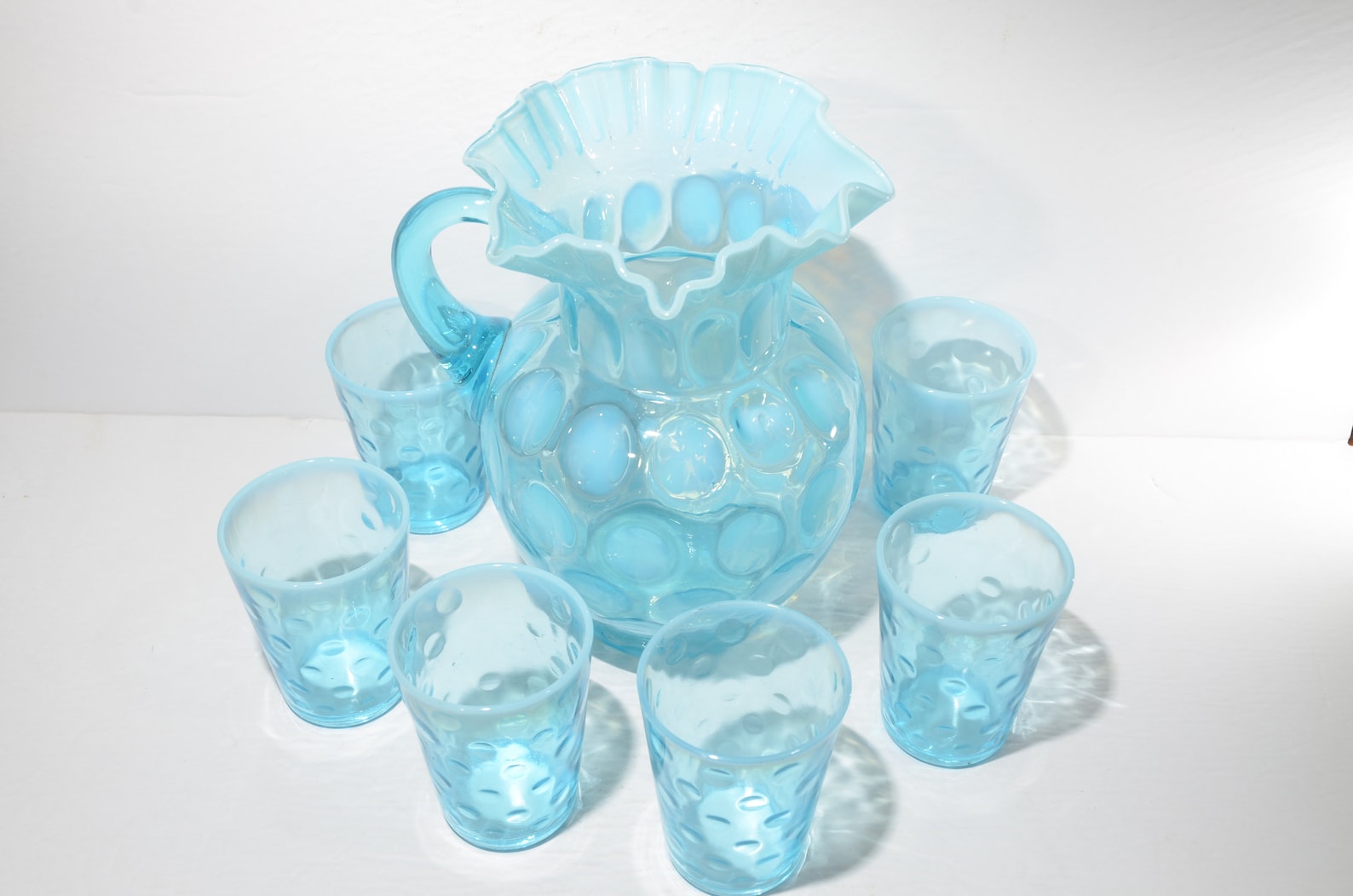 Fenton Blue Opalescent Coin Spot Dot Glass Pitcher 6 Tumbler - Etsy