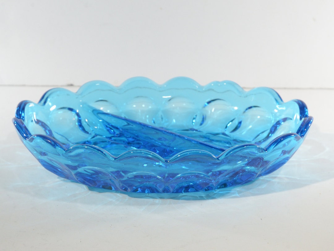 Anchor Hocking Fairfield Pattern Lazor Blue Glass Relish Dish Platter 2 ...