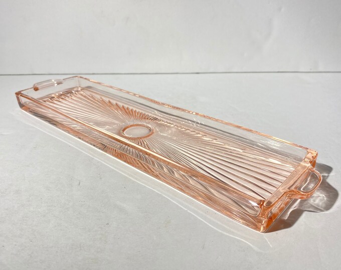 Pink Depression Glass Rectangle Tray Tidbit Mint Starburst Vanity Tray ...