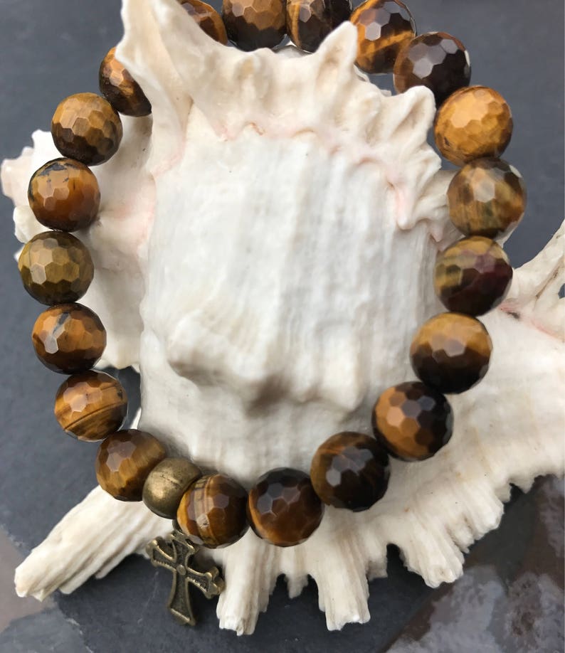 Faceted Tigers Eye Gemstone Bracelet With Antiqe Bronze Cross Etsy Uk