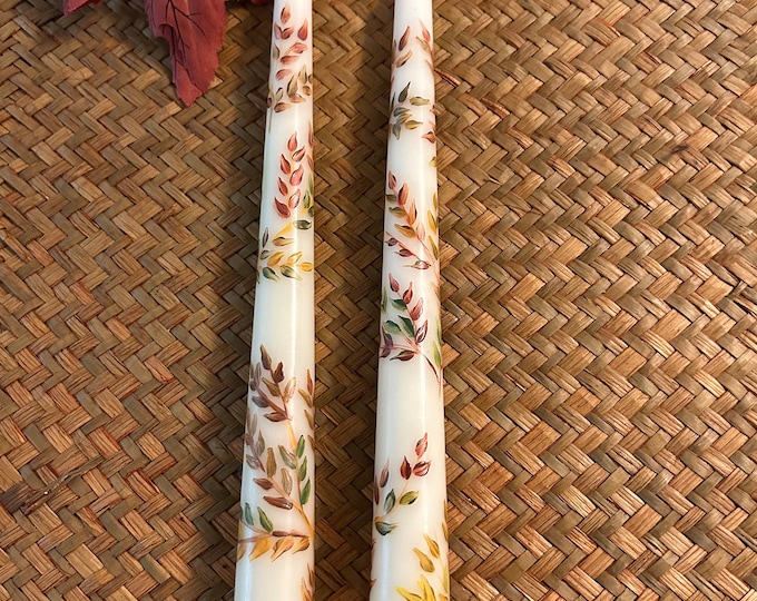 Pair of 10” Ivory Hand Painted Taper Candles - Leaf Sprays in Fall ...