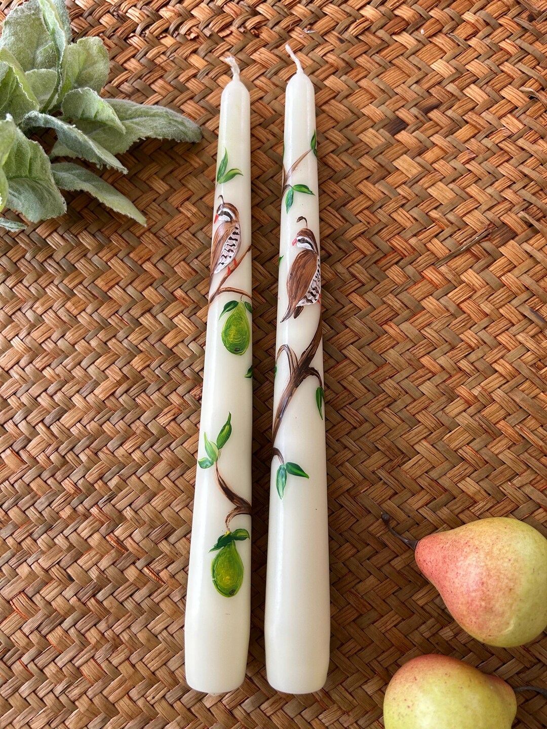 Partridge in a Pear Tree - Hand Painted on Pair of Ivory 10” Taper ...