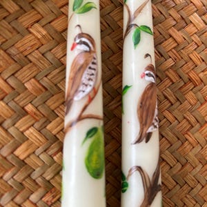 Partridge in a Pear Tree - Hand Painted on Pair of Ivory 10” Taper ...