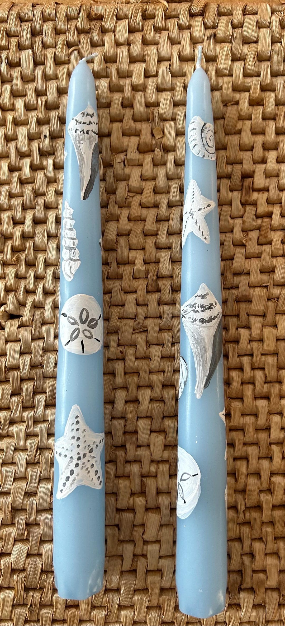 Pair of 10” Hand Painted Light Blue Taper Candles Featuring Sand ...