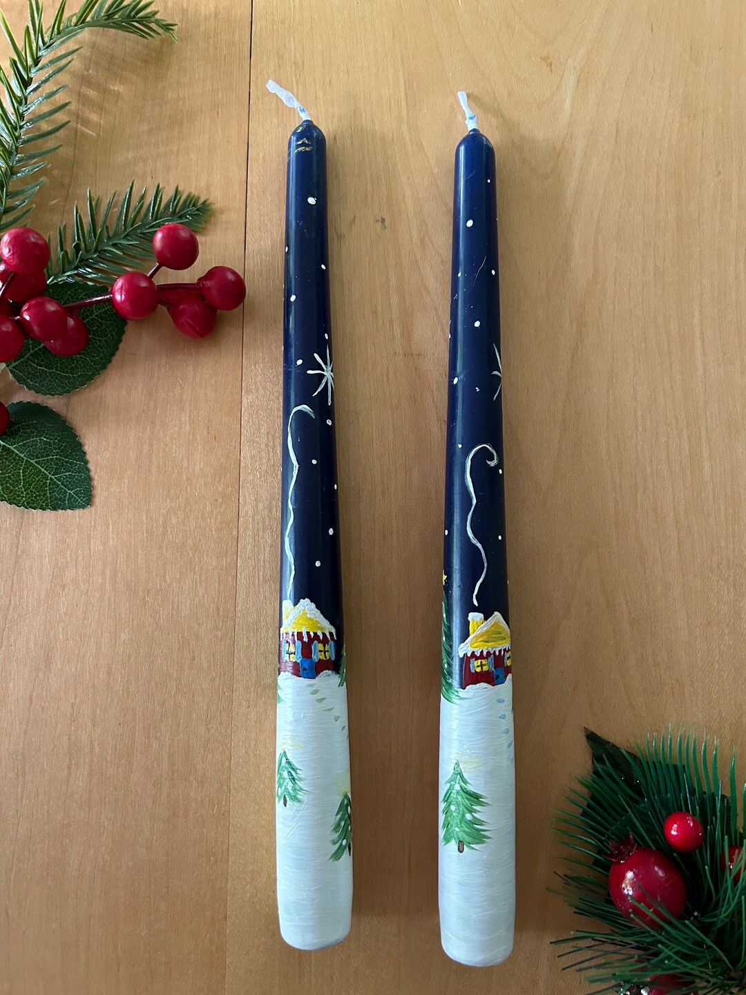 Snowy Winter Night - Pair of 10” Dark Blue Hand Painted Taper Candles ...