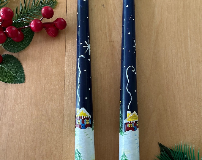 Pair of 10 Dark Blue Hand Painted Taper Candles Snowy Winter Night - Etsy