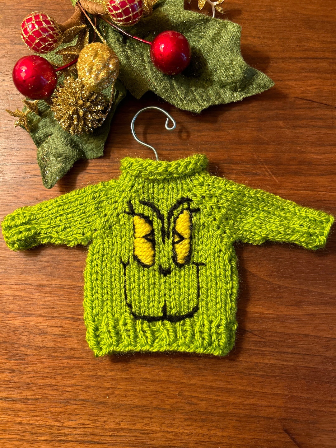 Grinch Hand Knit Mini Sweater Ornament - Etsy