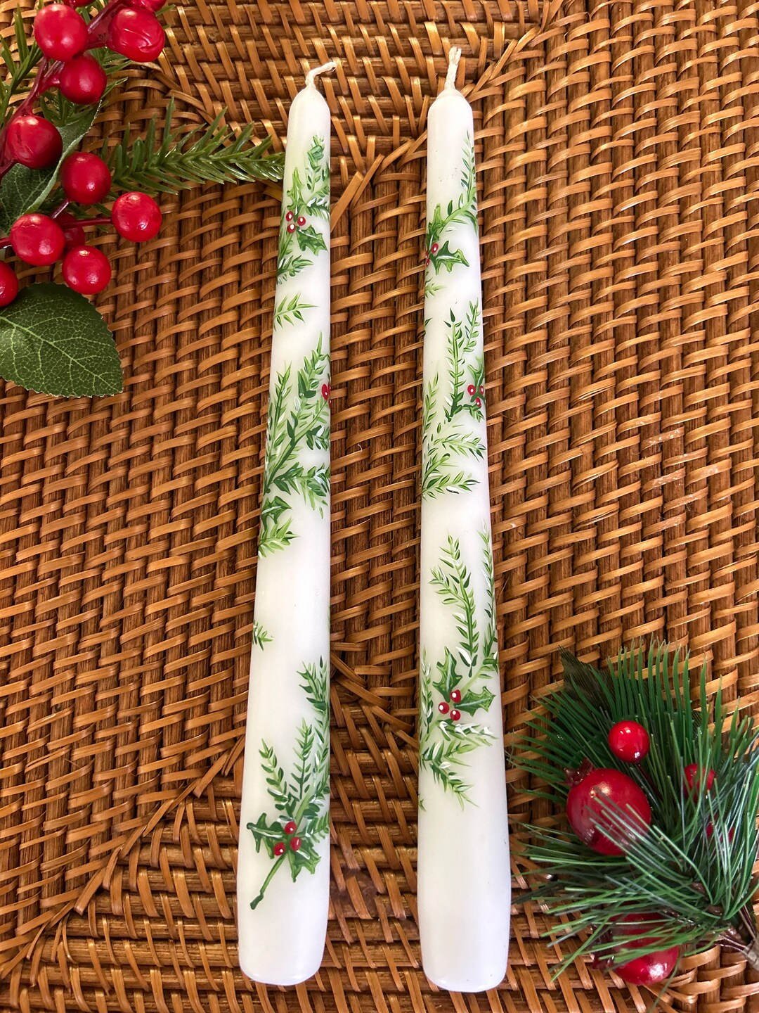 Pine and Holly Garland Hand Painted Ivory 10” Taper Candles - Etsy