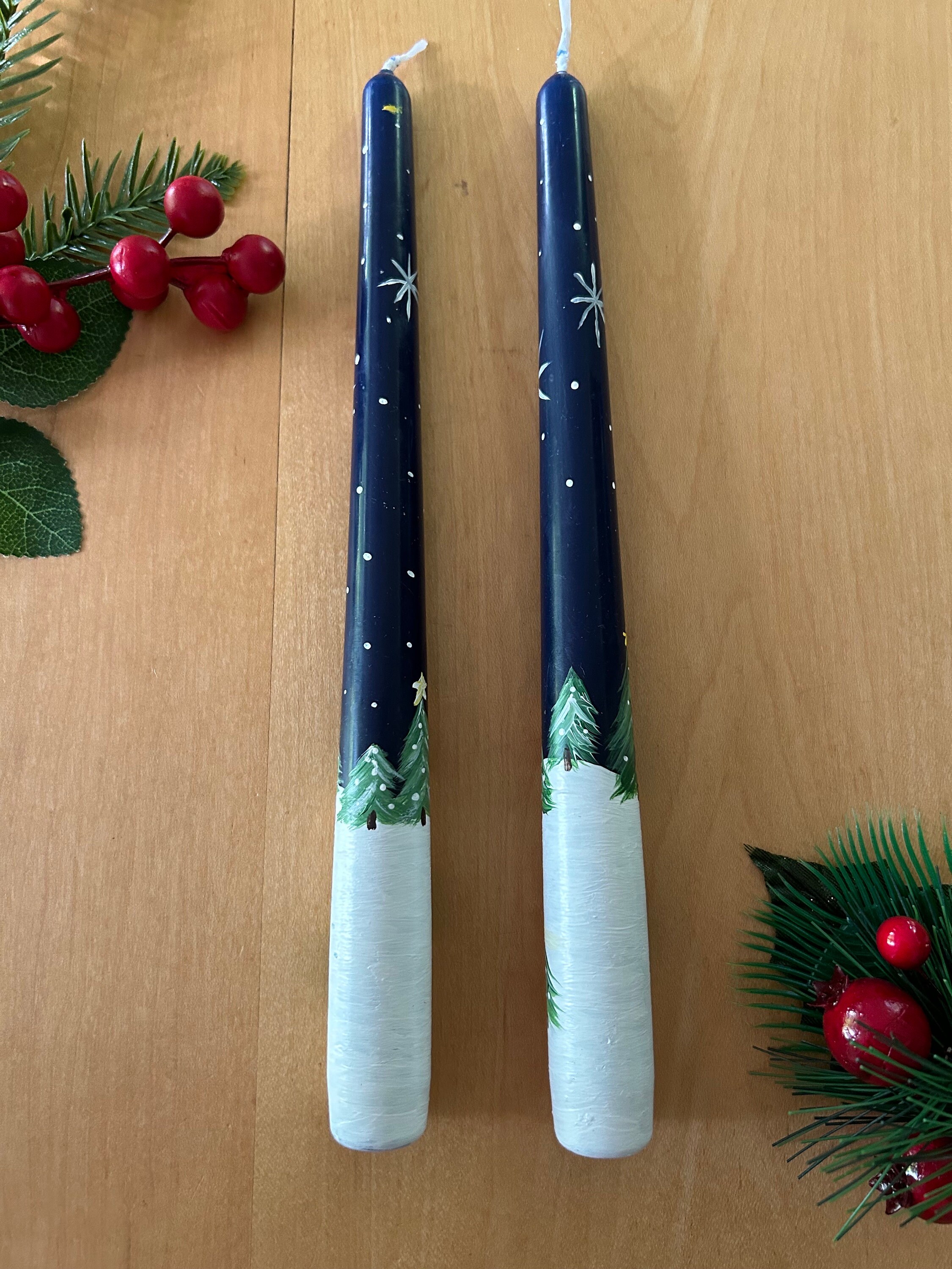 Snowy Winter Night - Pair of 10” Dark Blue Hand Painted Taper Candles ...