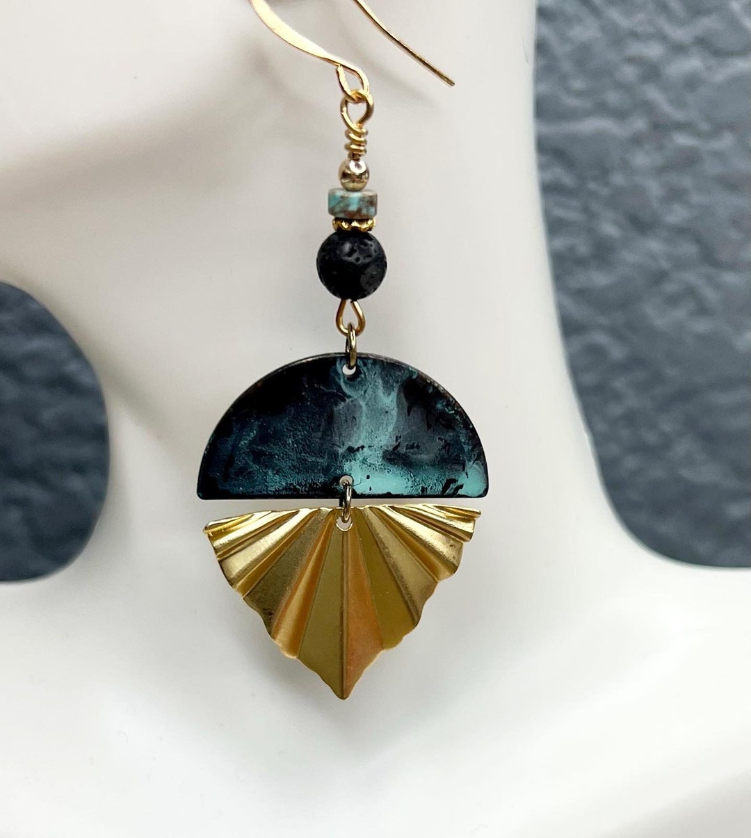 Patina Geometric Gold Earrings, Diffuser Lava Beads, Tiny Sea Sediment Jasper Beads, Beautiful ...