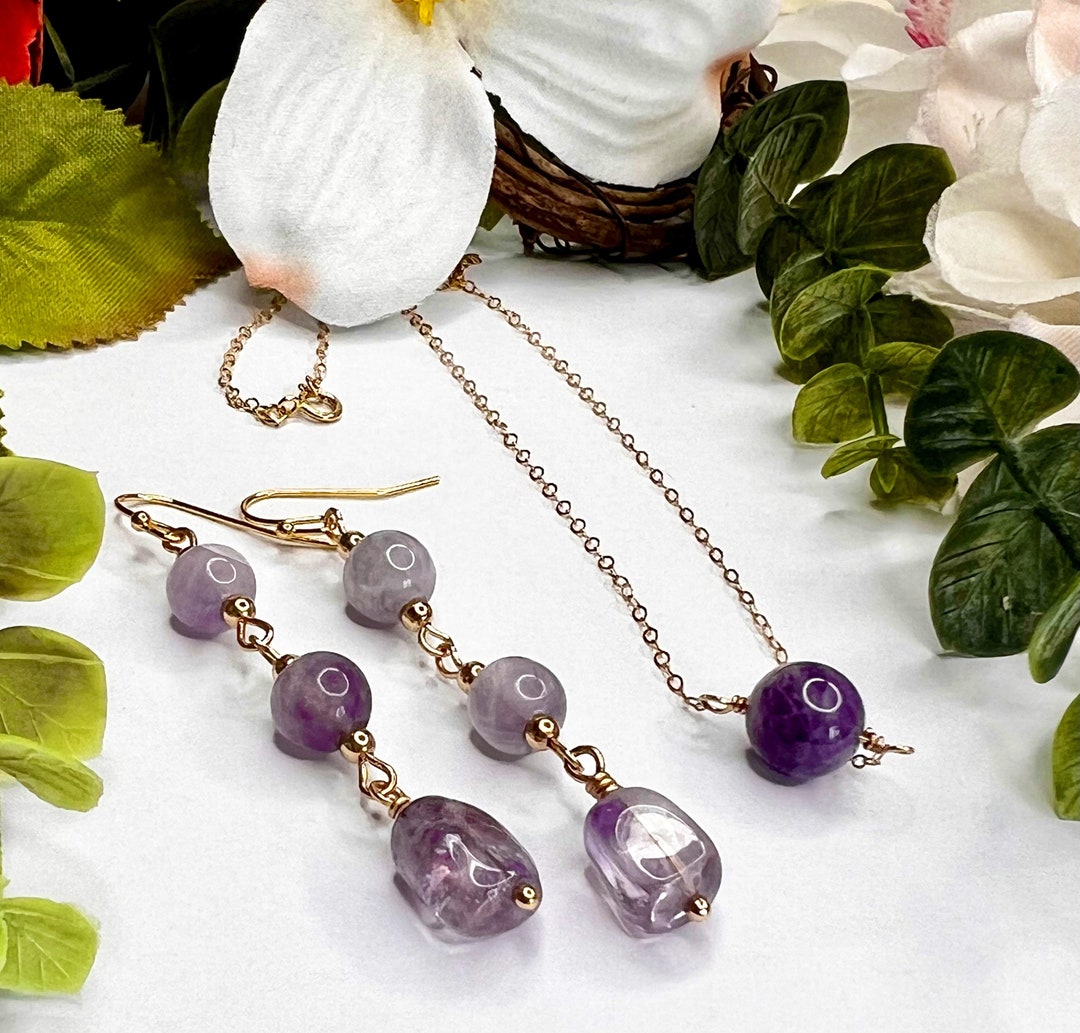 Amethyst Necklace & Earrings Set, February Birthstone, Gold Filled ...