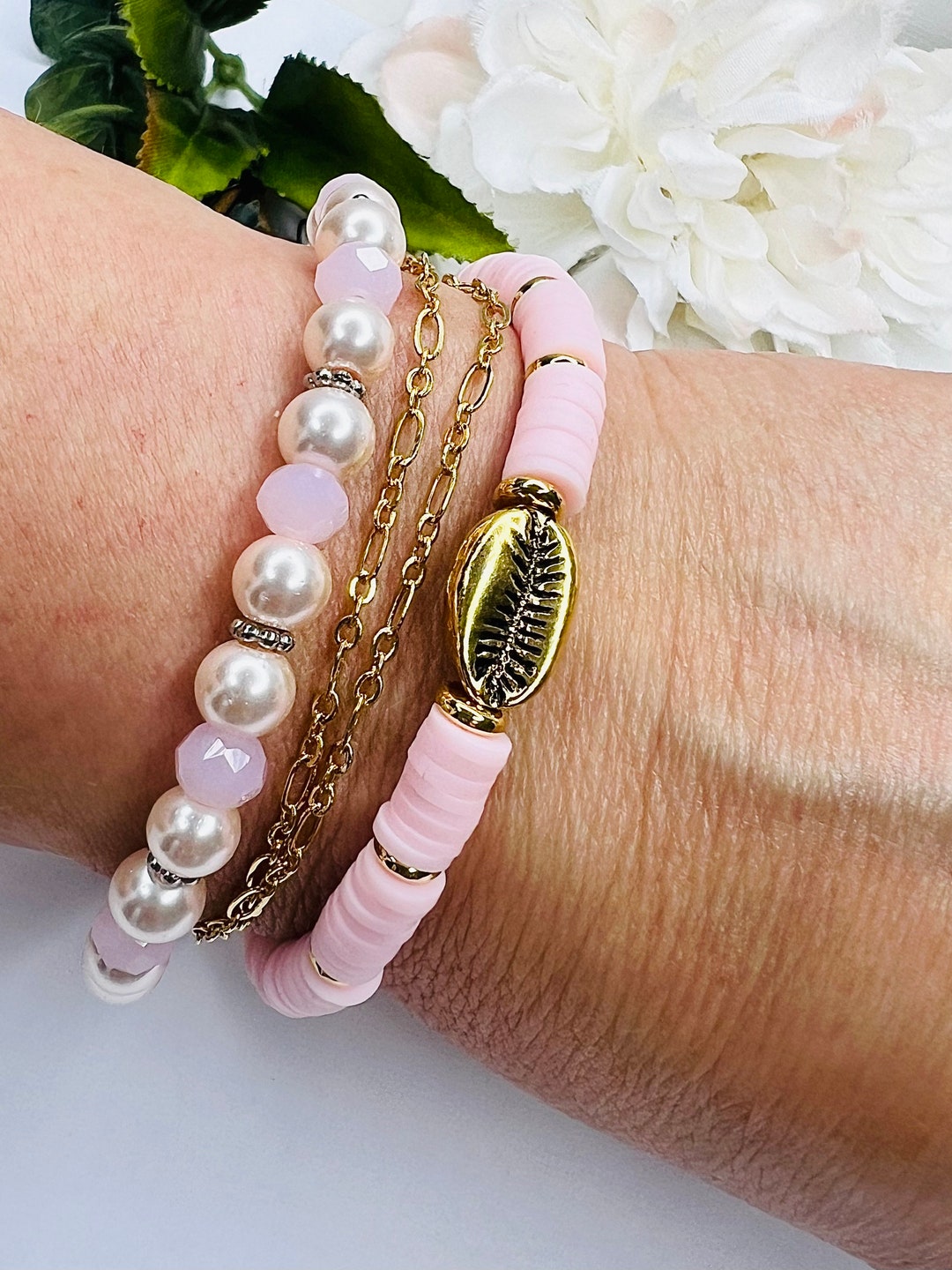 Cowrie Shell Bracelet Set: Pink Pearl, Rose Quartz, Gold Filled - Etsy