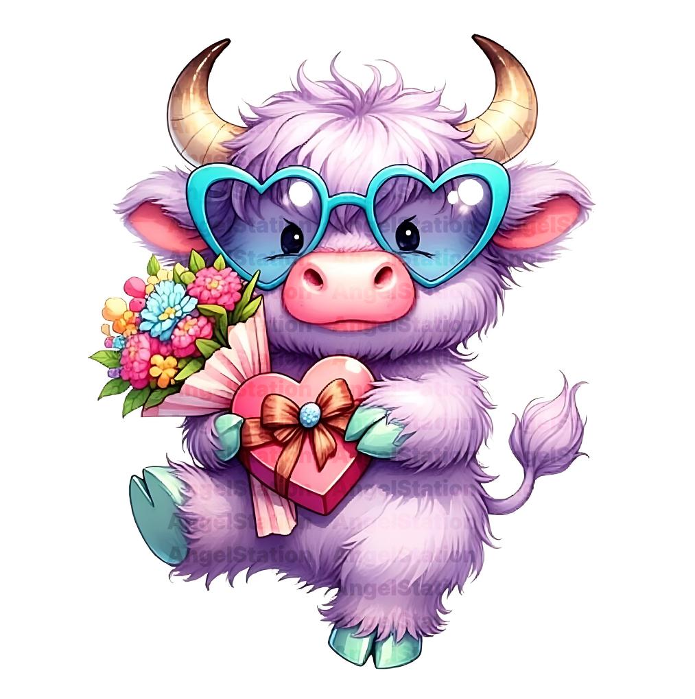 Valentine Bull Clipart: Fluffy Cow With Heart Glasses (PNG JPG Digital ...