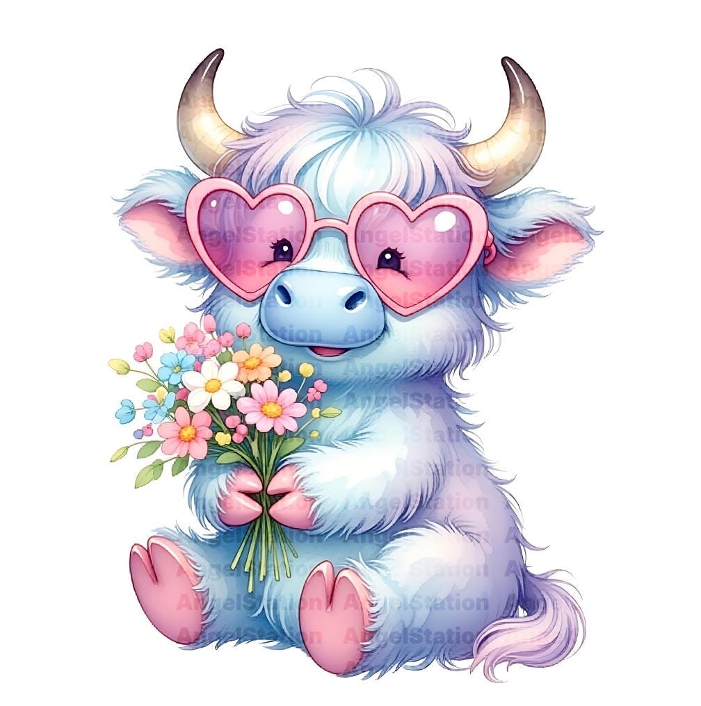 Valentine Bull Clipart: Fluffy Cow With Heart Glasses (PNG JPG Digital ...