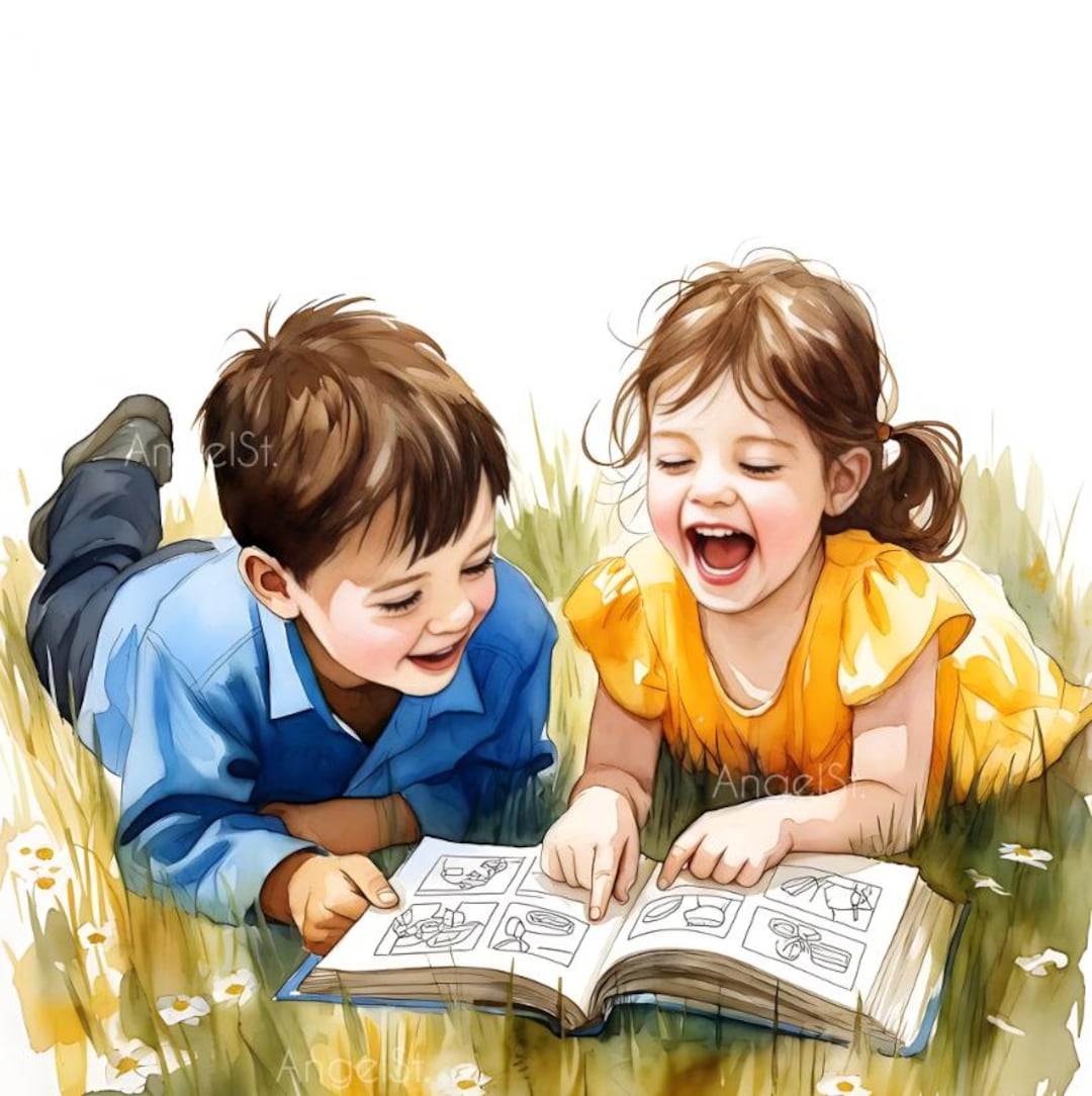 Children Reading Books Clipart | Outdoor Watercolor Art Education ...