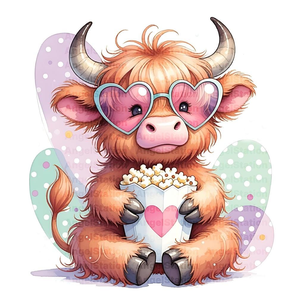 Valentine Bull Clipart: Fluffy Cow With Heart Glasses (PNG JPG Digital ...