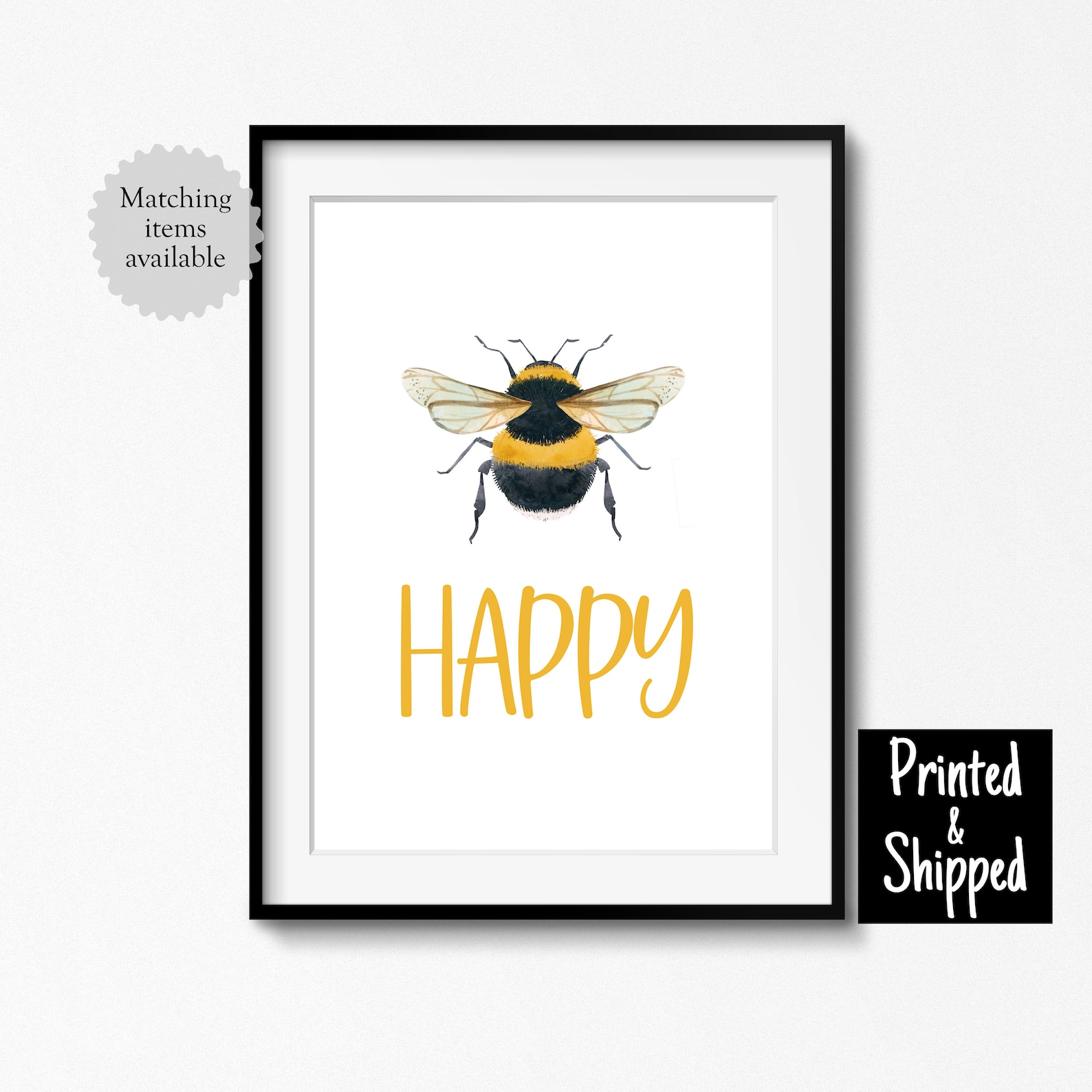 Bee Happy Art Print Cute Nature Nursery Decor Poster Yellow | Etsy UK