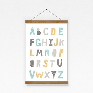 Grey Yellow Blue Scandi Alphabet Print Pastel Boys Girls Kids Toddler ...