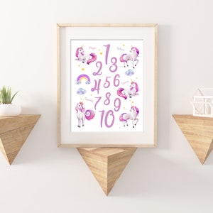 Unicorn Numbers Print Girls Counting Poster Cute Pink Blue Purple Lilac ...