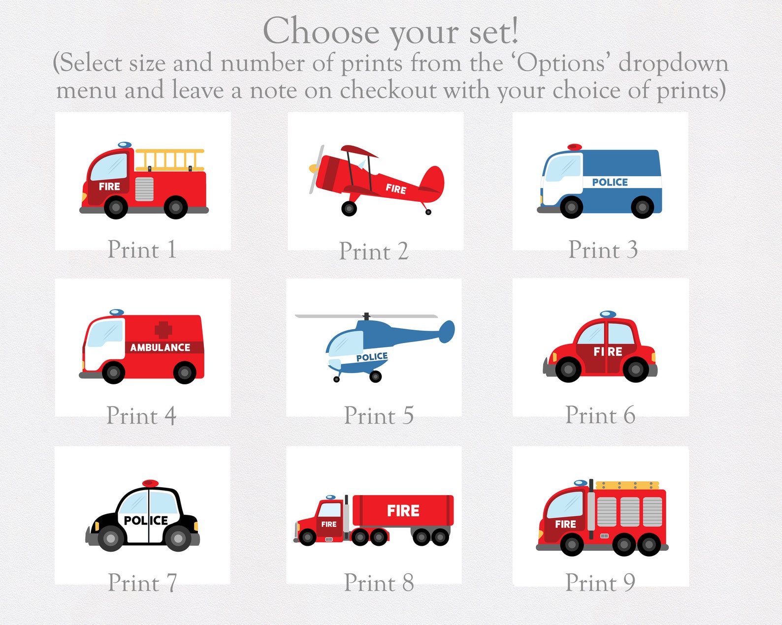 Emergency Vehicle Print Set Cute Toddler Wall Art Police | Etsy UK