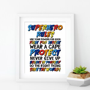 Superhero Rules Print Positive Kids Wall Art Inspirational Boys Girls ...