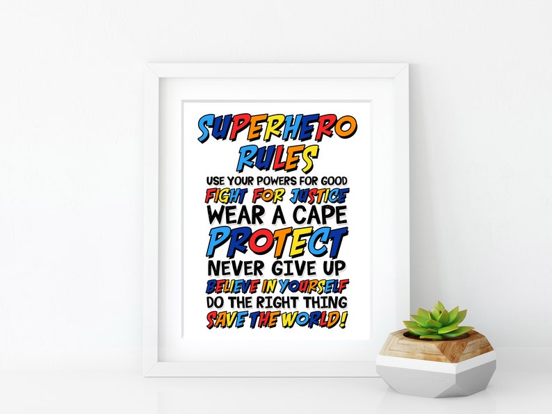 Superhero Rules Print Positive Kids Wall Art Inspirational - Etsy