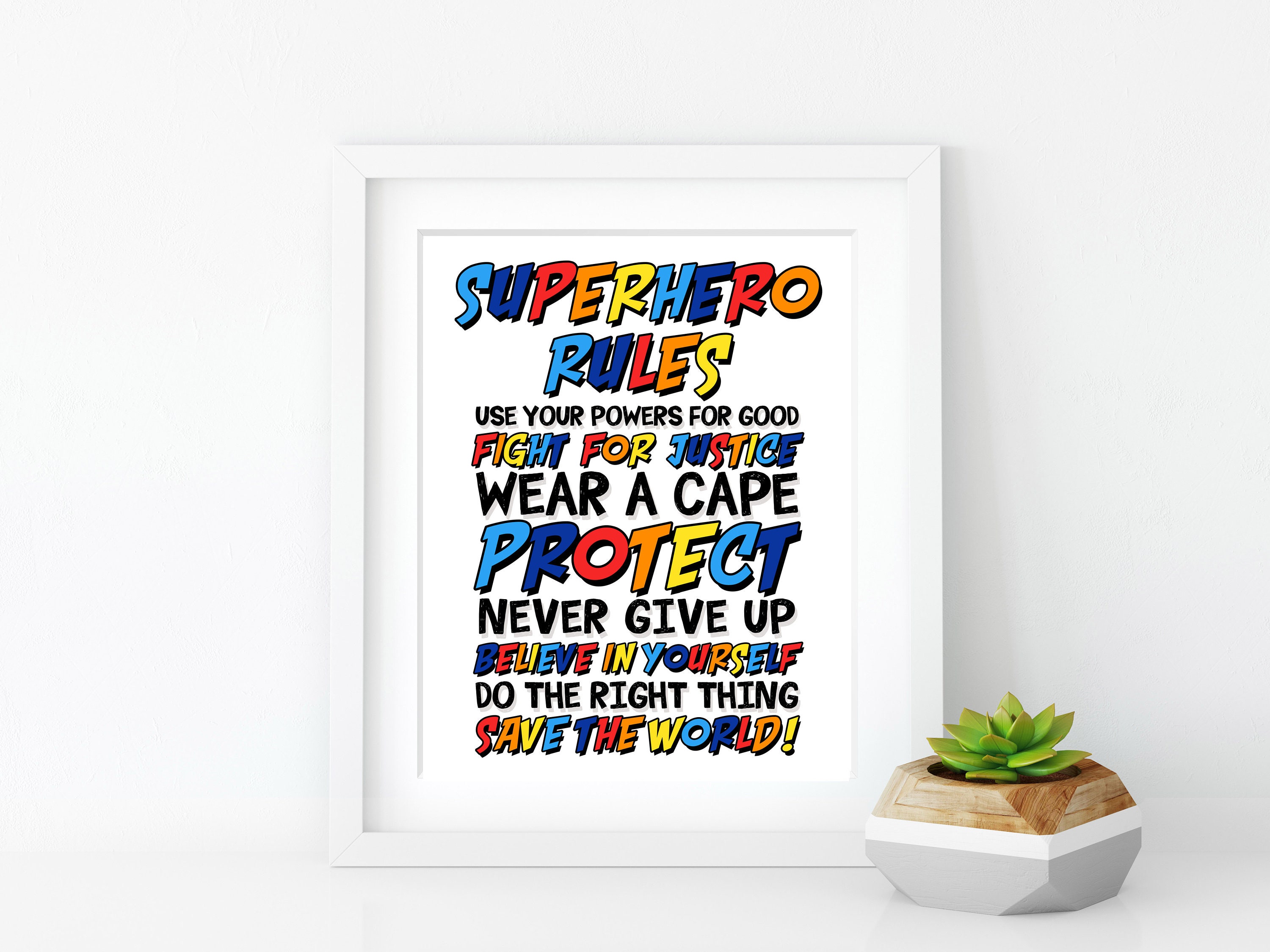 Superhero Rules Print Positive Kids Wall Art Inspirational Boys Girls ...